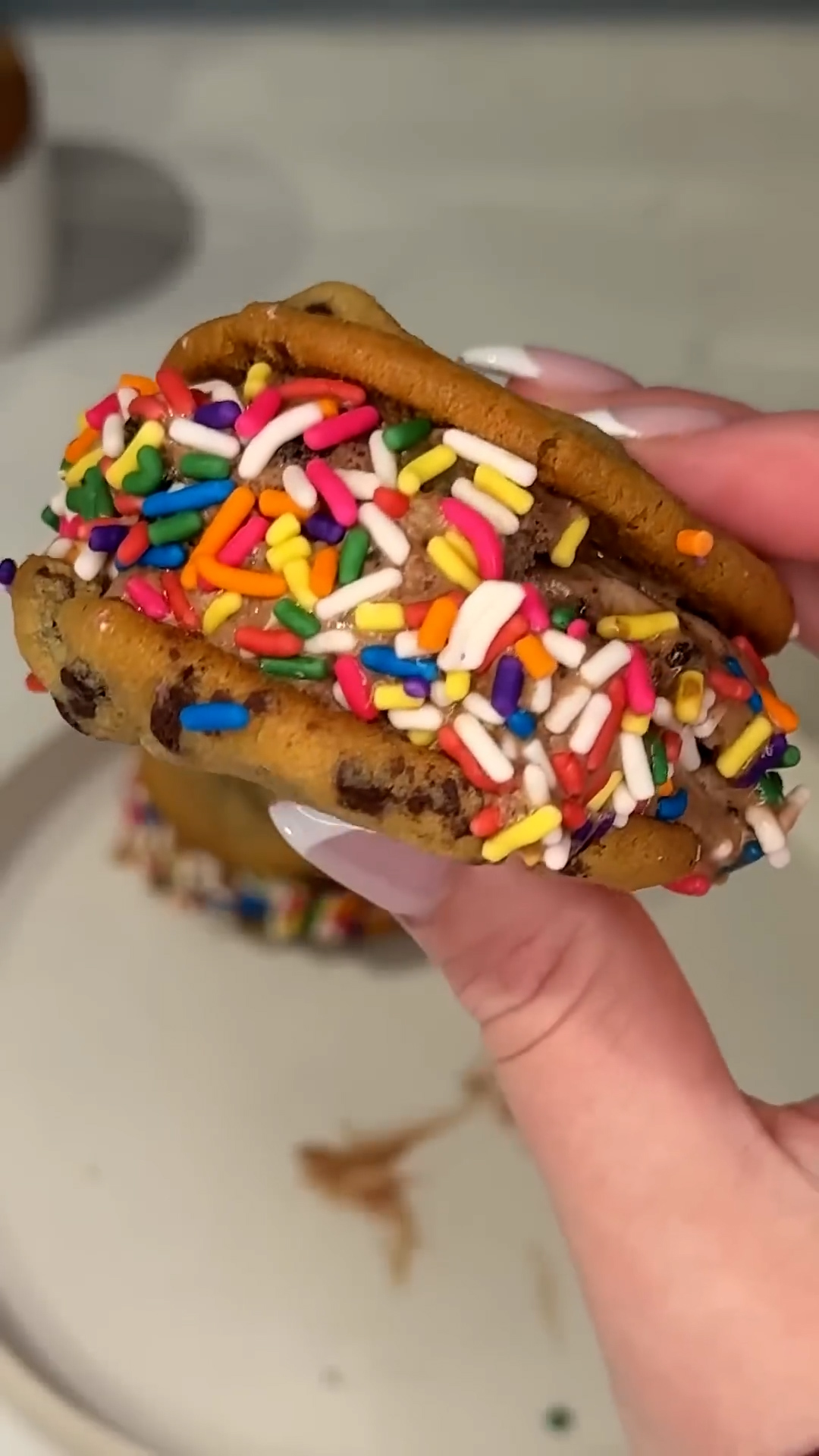 Two cookies sandwich a scoop of ice cream with rainbow sprinkles ...